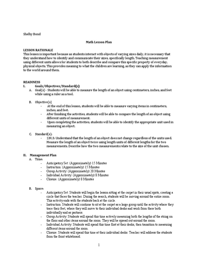 Math Lesson Plan 2 | PDF | Foot (Unit) | Teachers