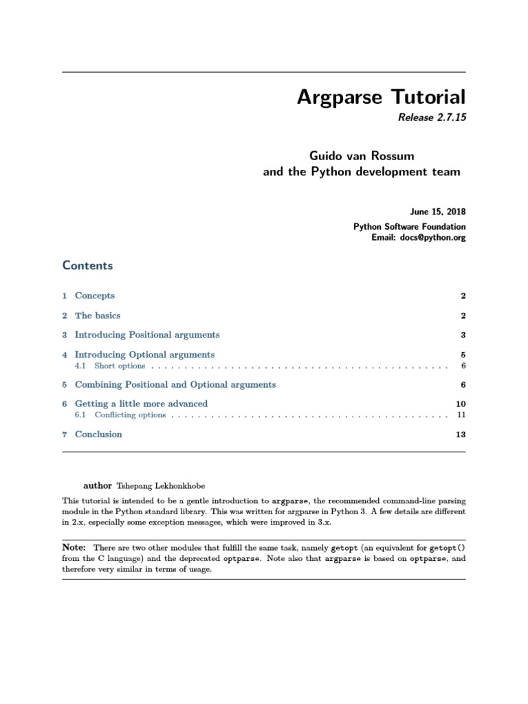 Argparse Tutorial: Guido Van Rossum and The Python Development Team | PDF | Parameter (Computer ...