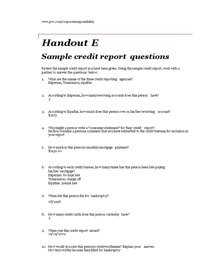 Sample Credit Report Questions | PDF | Career & Growth