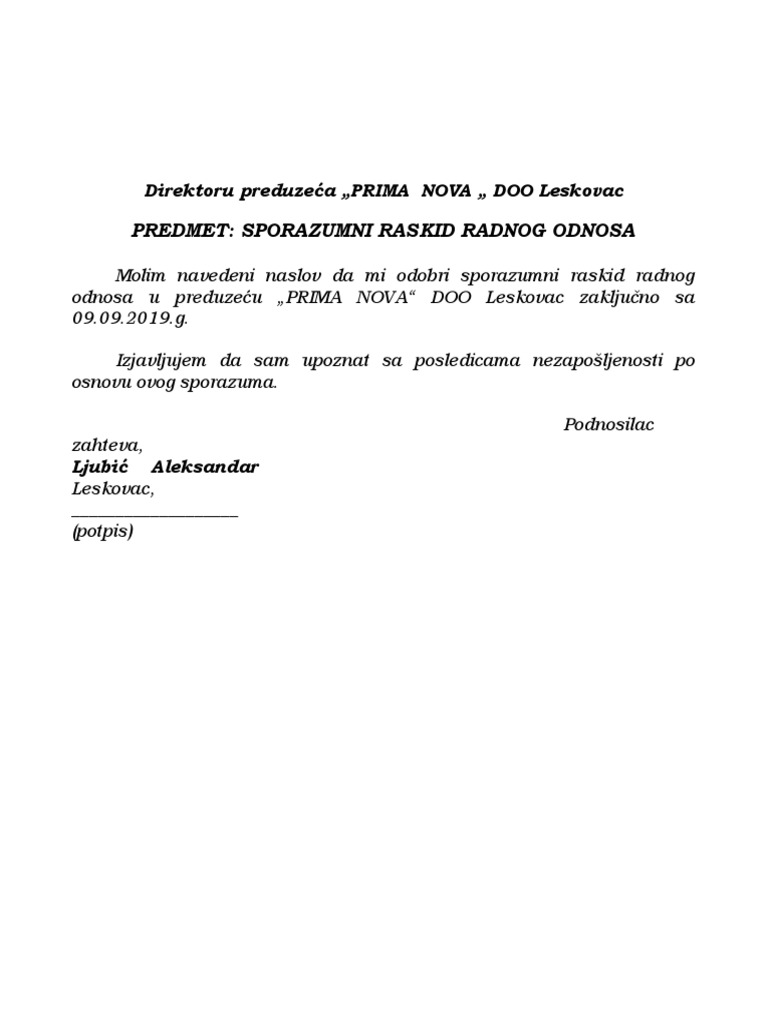 1.zahtev Za Sporazumni Raskid-Prima Nova | PDF