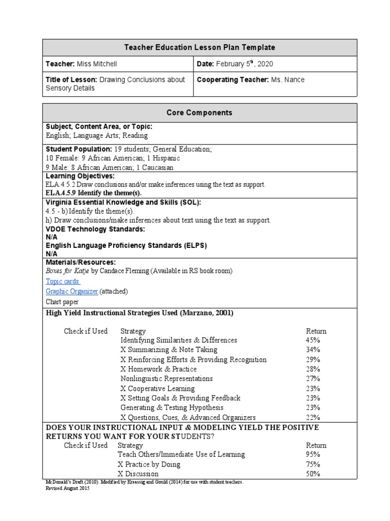 Teacher Education Lesson Plan Template: Boxes For Katje by Candace ...