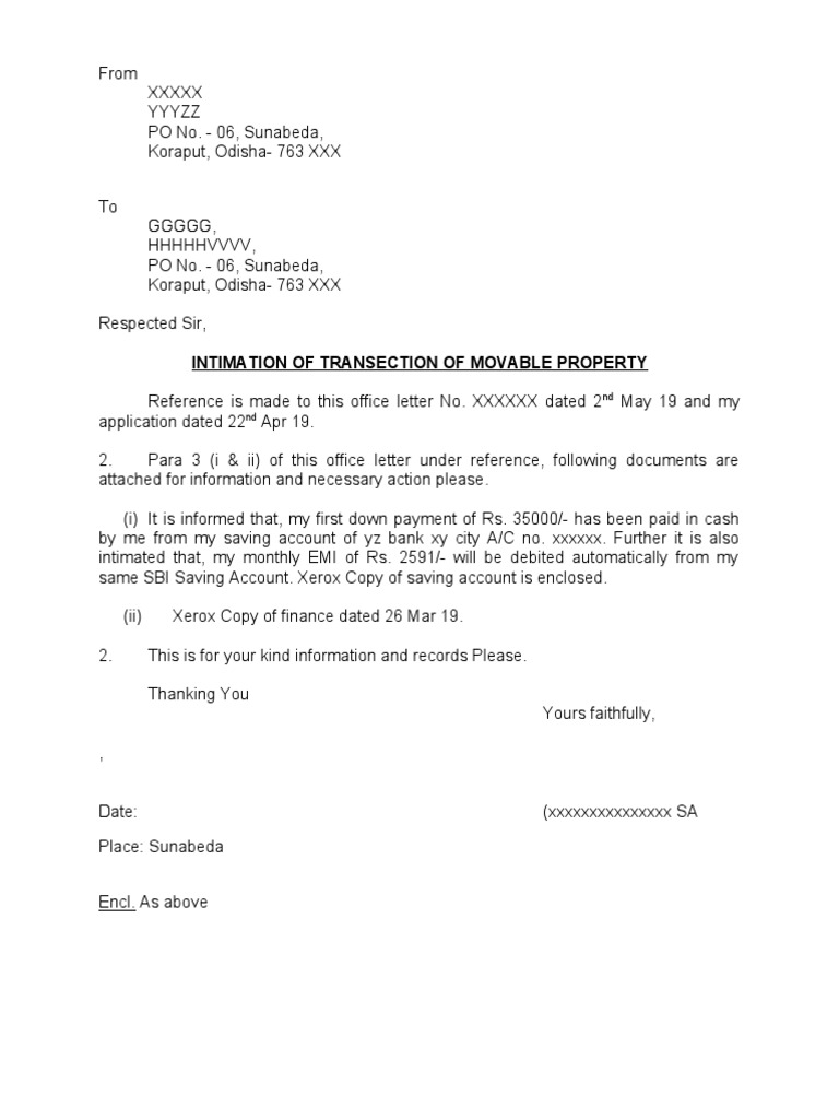 Intimation of Transection of Movable Property | PDF