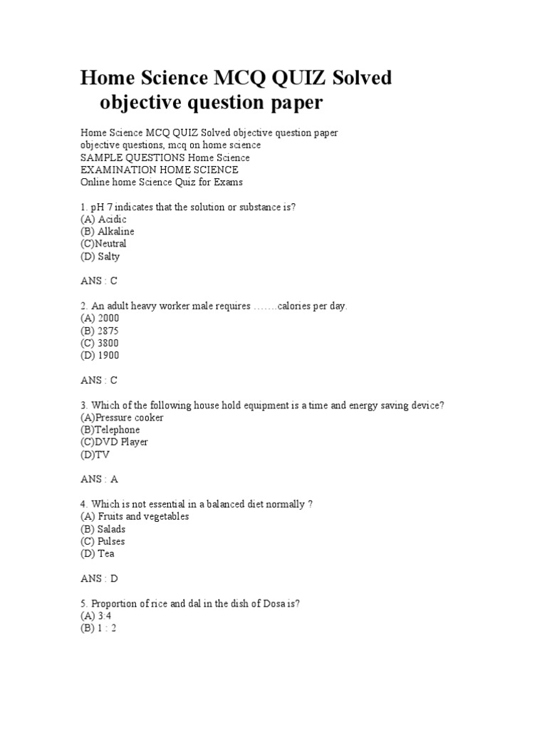 Home Science MCQ QUIZ Solved Objective Question Paper | PDF | Vitamin C ...