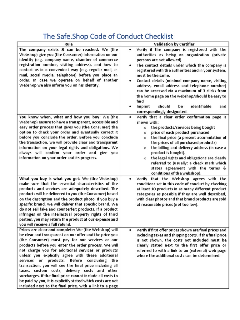 The Safe - Shop Code of Conduct Checklist | PDF | Online Shopping ...
