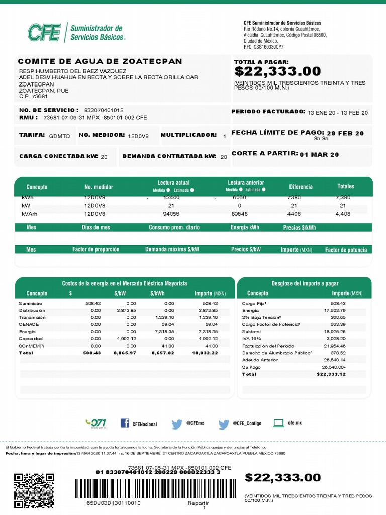 Recibo CFE | PDF | Energia electrica | Poder (Física)