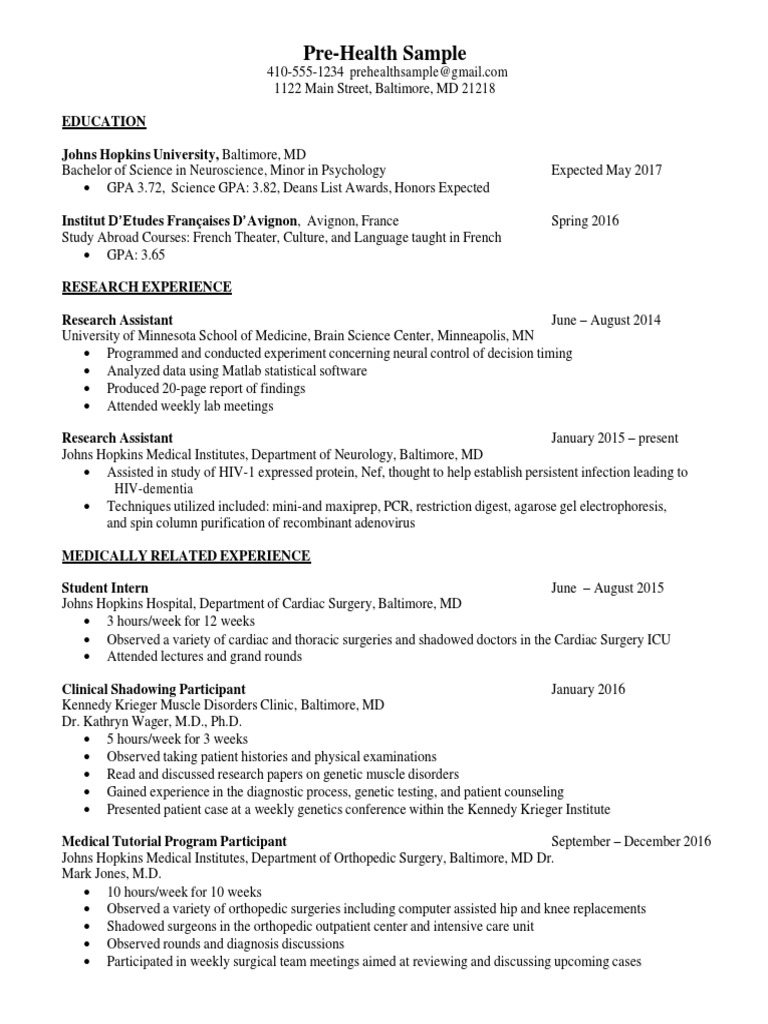 JHU Pre-Med Resume Template PDF | PDF | Doctor Of Medicine | Johns ...