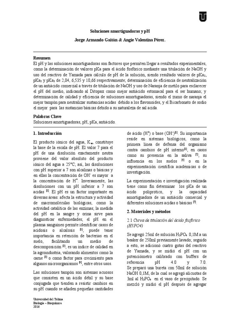 Soluciones Amortiguadoras y PH | Descargar gratis PDF | Solución tampón | Valoración