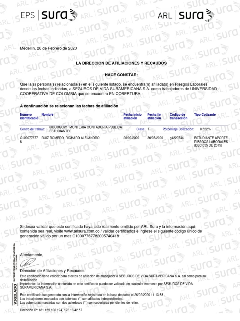 Certificado Arl | PDF
