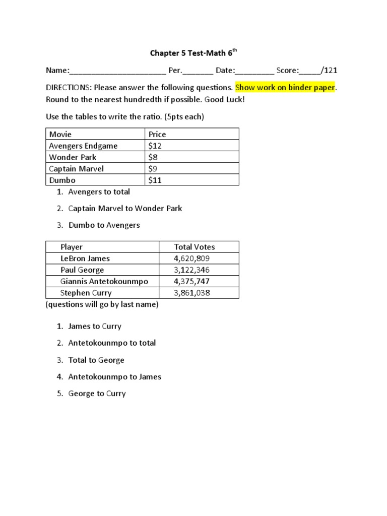 Chapter 5 Math Test | PDF