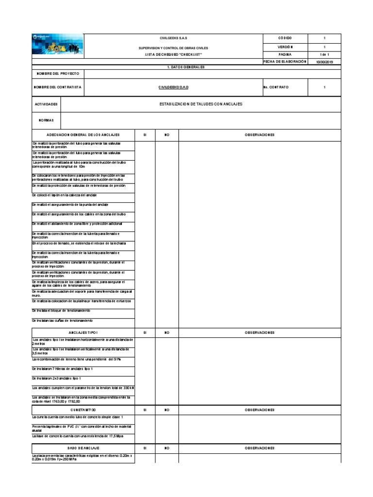 Lista de Chequeo Anclajes | PDF | Tecnologías de gas | Tubería ...