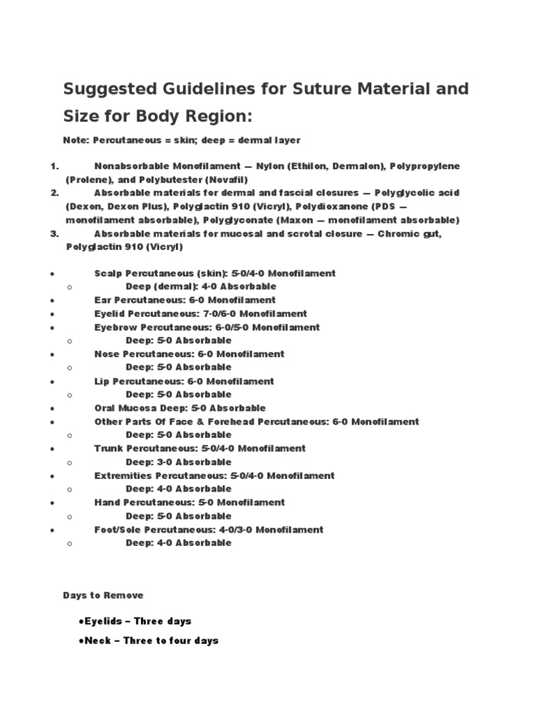 Suggested Guidelines For Suture Material and Size For Body Region | PDF