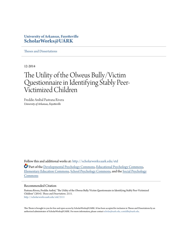 The Utility of The Olweus Bully/Victim Questionnaire in Identifying ...