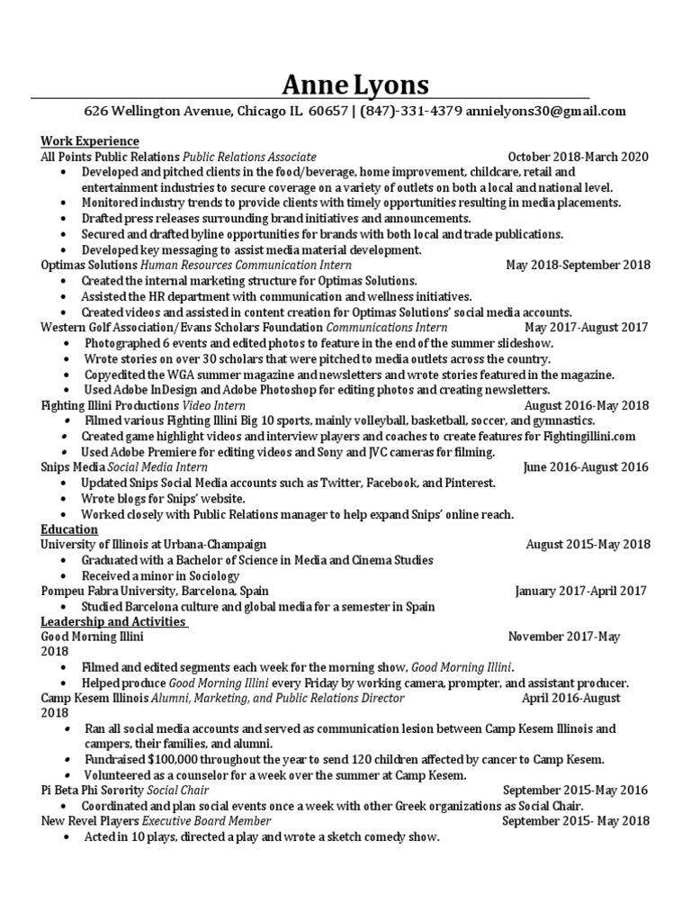 Resume Anne Lyons 2020 PT | PDF | Public Relations | Social Media