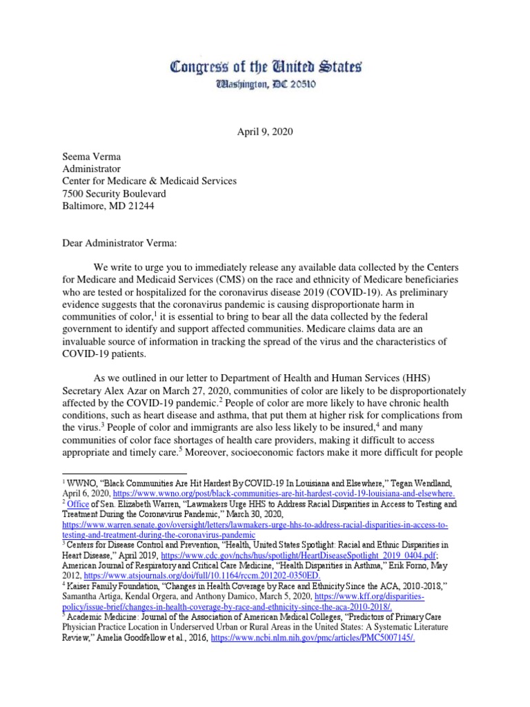 2020.04.09 Letter to CMS Re COVID Demographic Data | Medicare (United ...