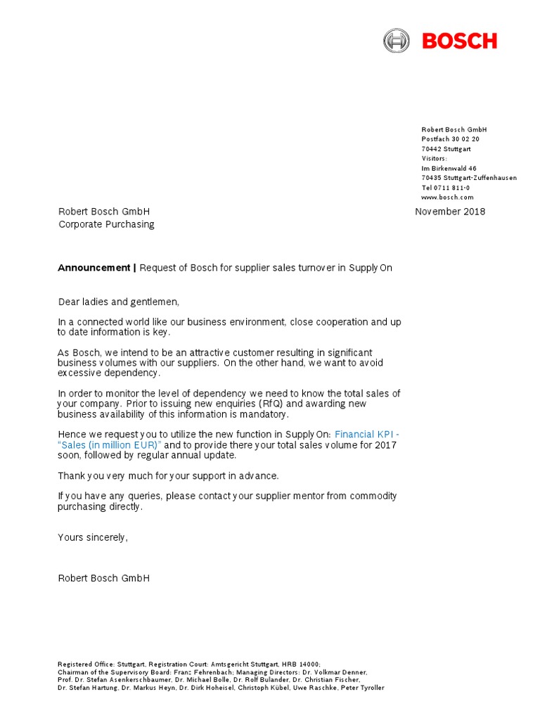Bosch Information Letter - SalesTurnover2017 | PDF