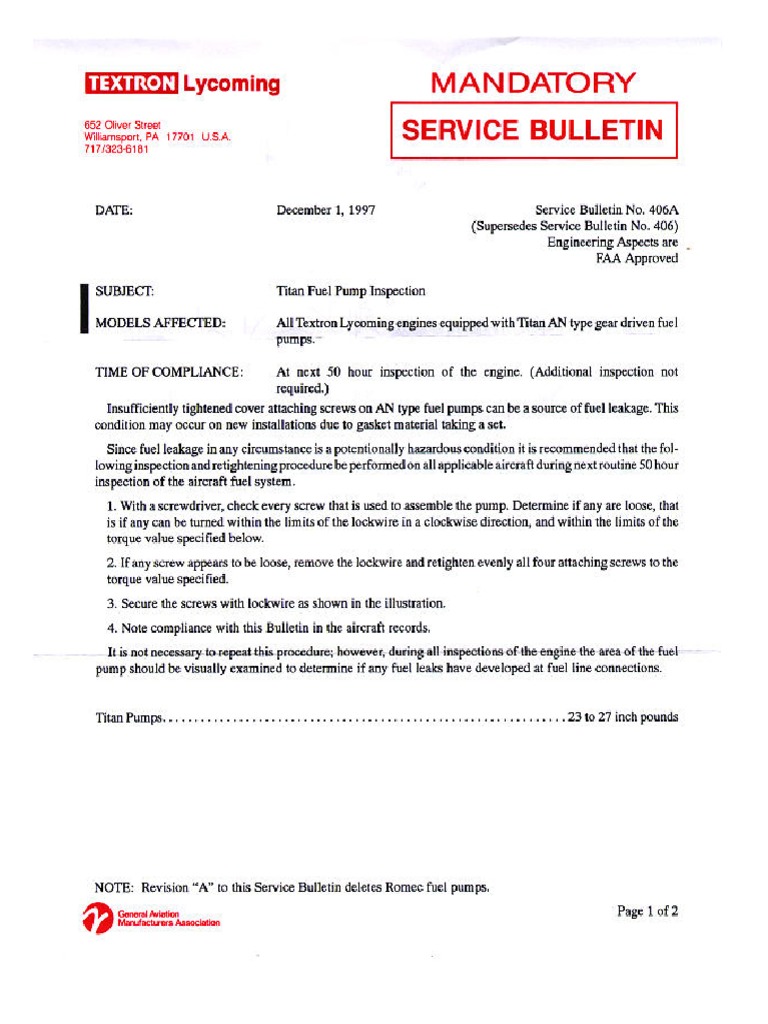 SB 406A Titan Fuel Pump Inspection | PDF