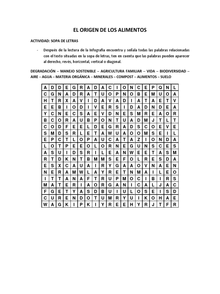 Sopa de Letras El Origen de Los Alimentos | PDF