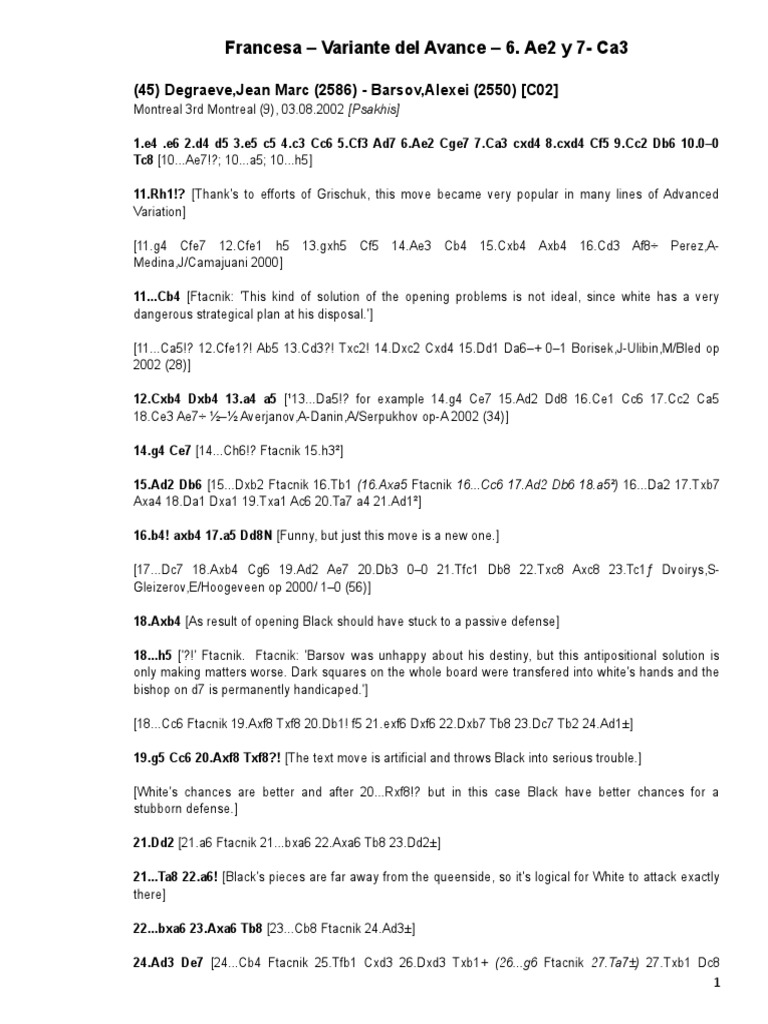 Francesa - Variante Del Avance - 6. Ae2 y 7-Ca3: (45) Degraeve, Jean ...