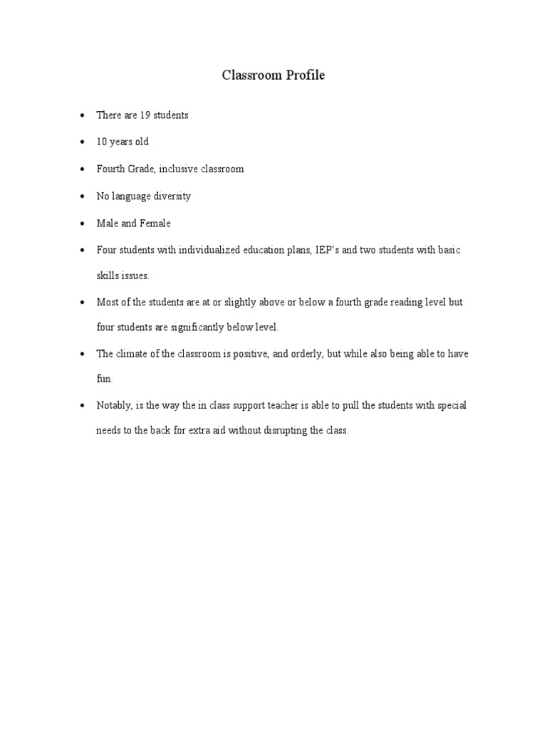 Fourth Grade Classroom Profile Overview | PDF