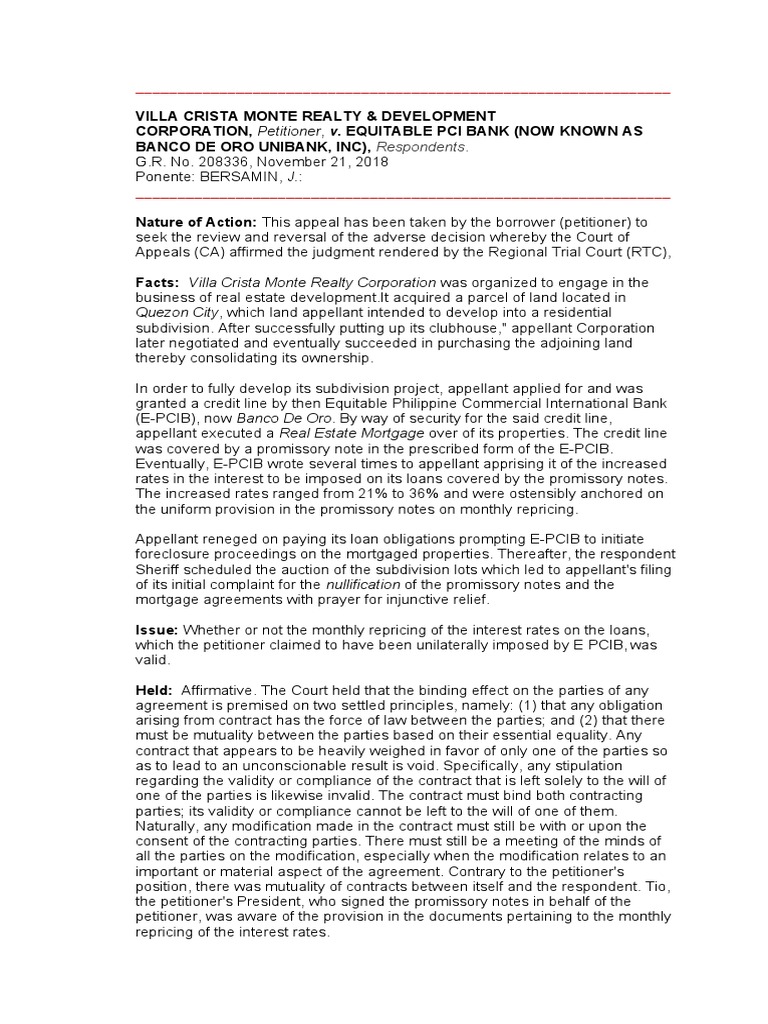 Villa Crista Monte Realty vs. Equitable PCI Bank | PDF | Legal Concepts ...