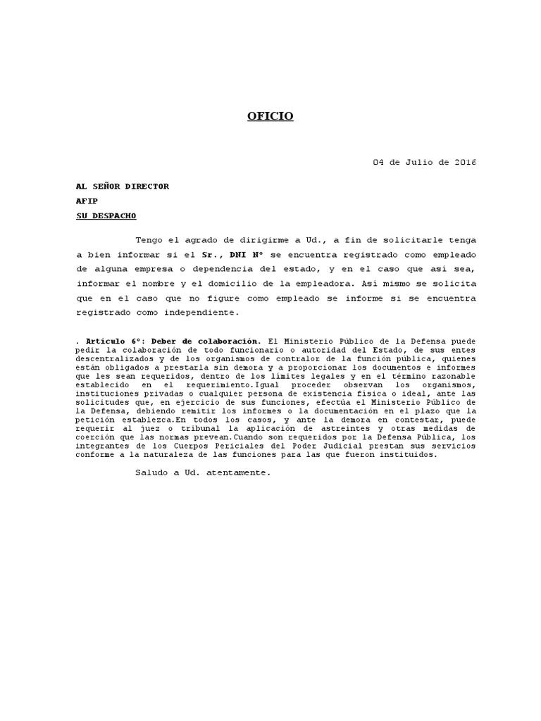 OFICIO AFIP LEY 2892. ART. 6° (Informe Empleadora y Domicilio) | PDF | Ciencias sociales | Derecho