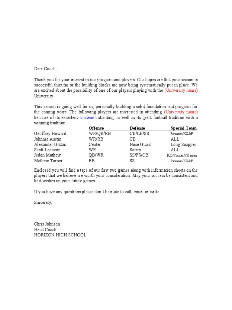 Horizon Football Recruit Letter | PDF