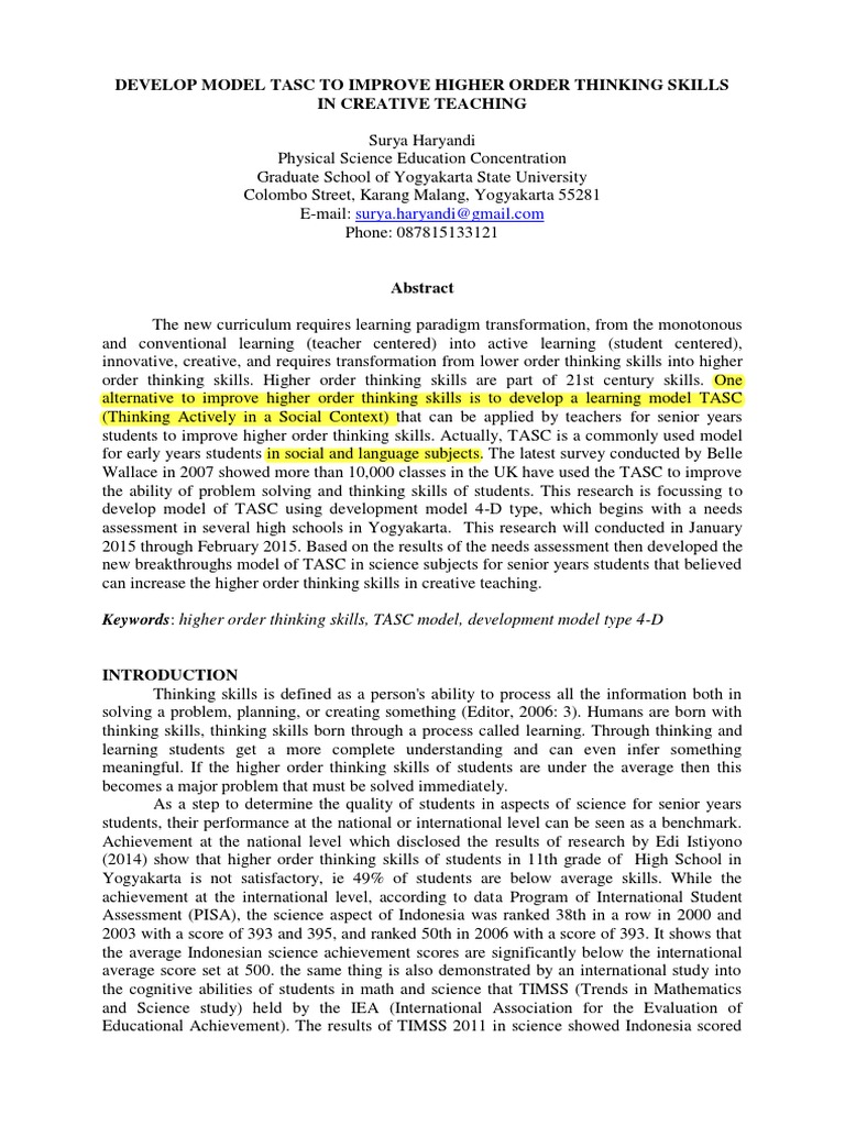 DEVELOP TASC MODEL TO IMPROVE HIGHER ORDER THINKING | PDF | Educational ...