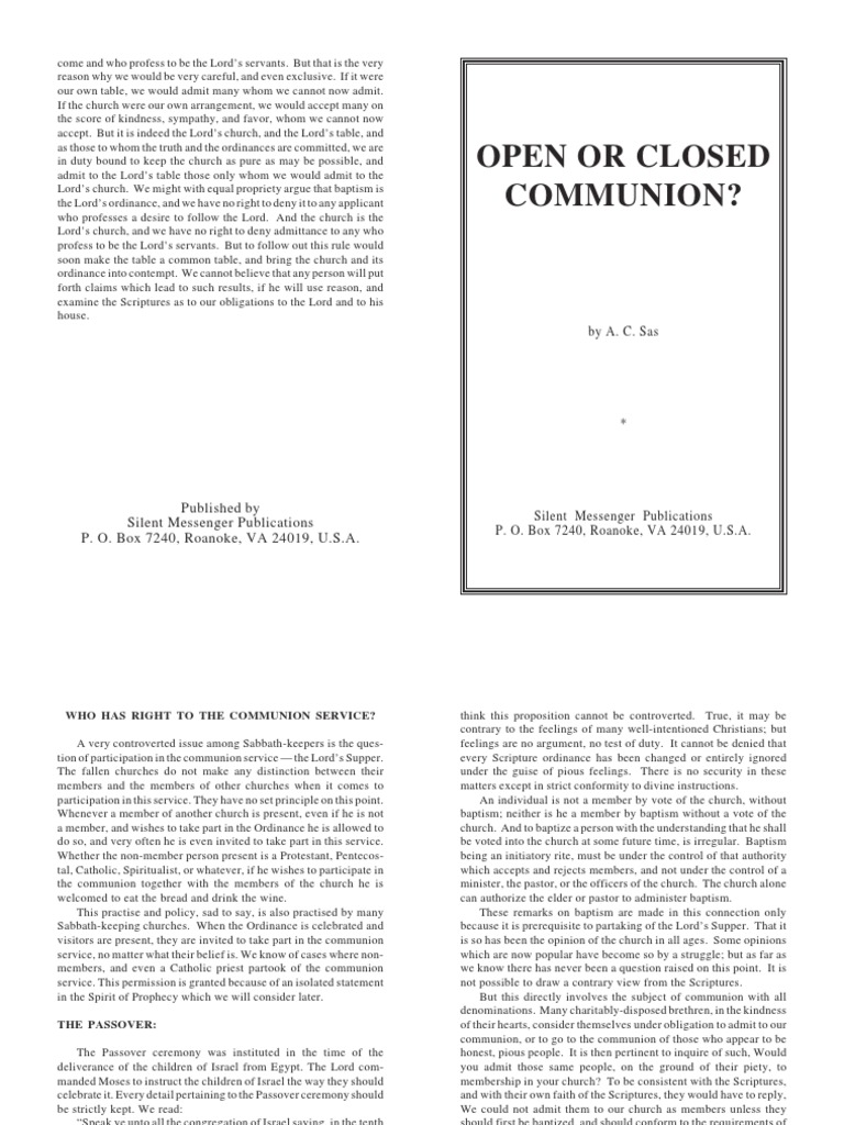 Open or Closed Communion?: by A. C. Sas | PDF | Eucharist | Baptism