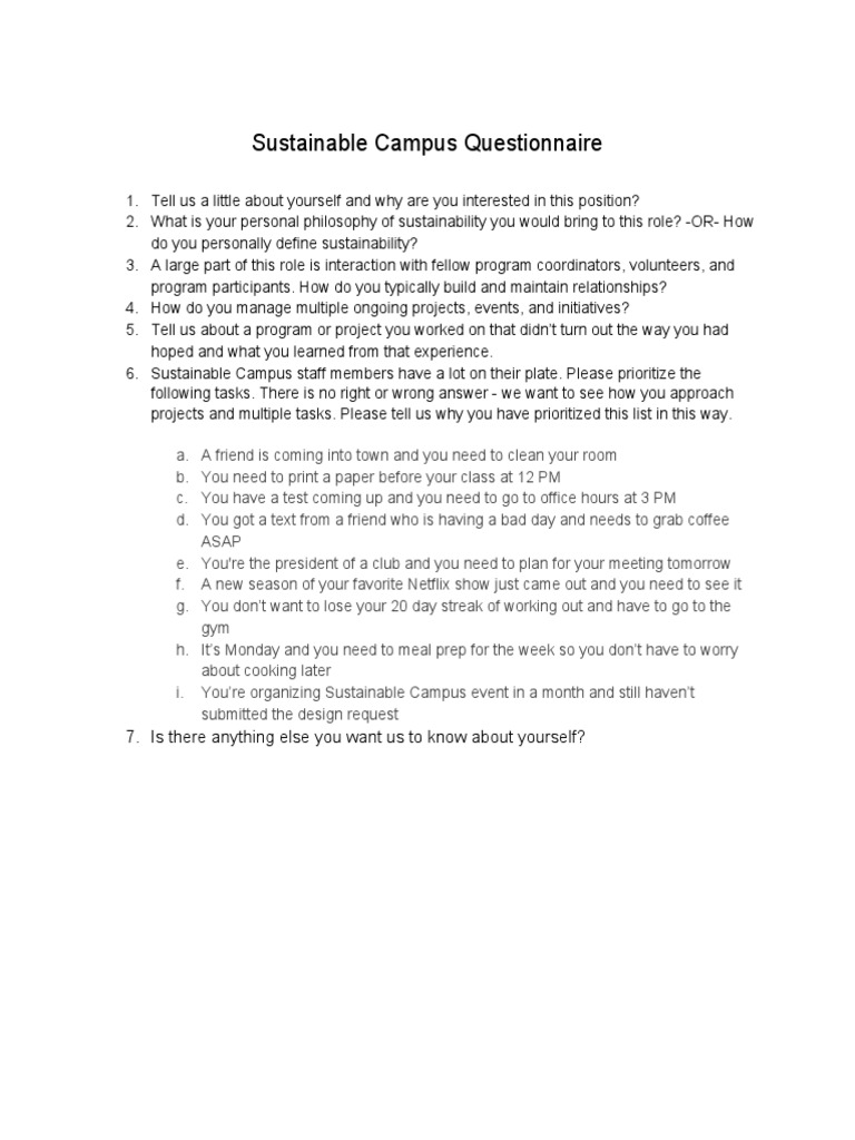 Sustainable Campus Questionnaire | PDF