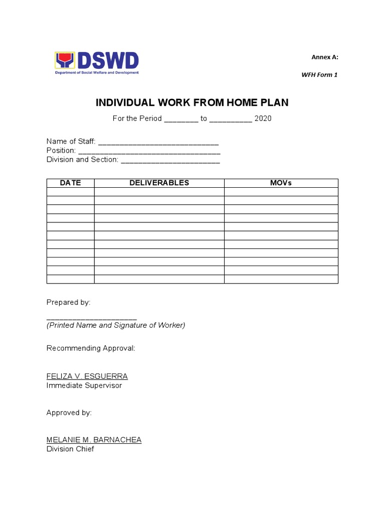 Individual Work From Home Plan: Date Deliverables Movs | PDF