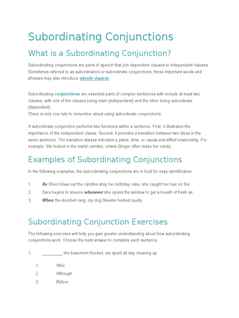 Subordinating Conjunction Guide | PDF | Clause | Sentence (Linguistics)