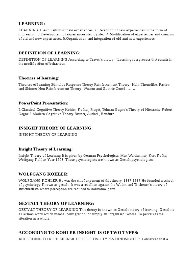 Learning Theories | PDF | Insight | Psychology