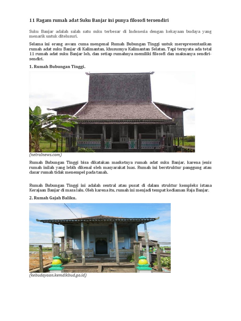 11 Ragam Rumah Adat Suku Banjar Ini Punya Filosofi Tersendiri | PDF