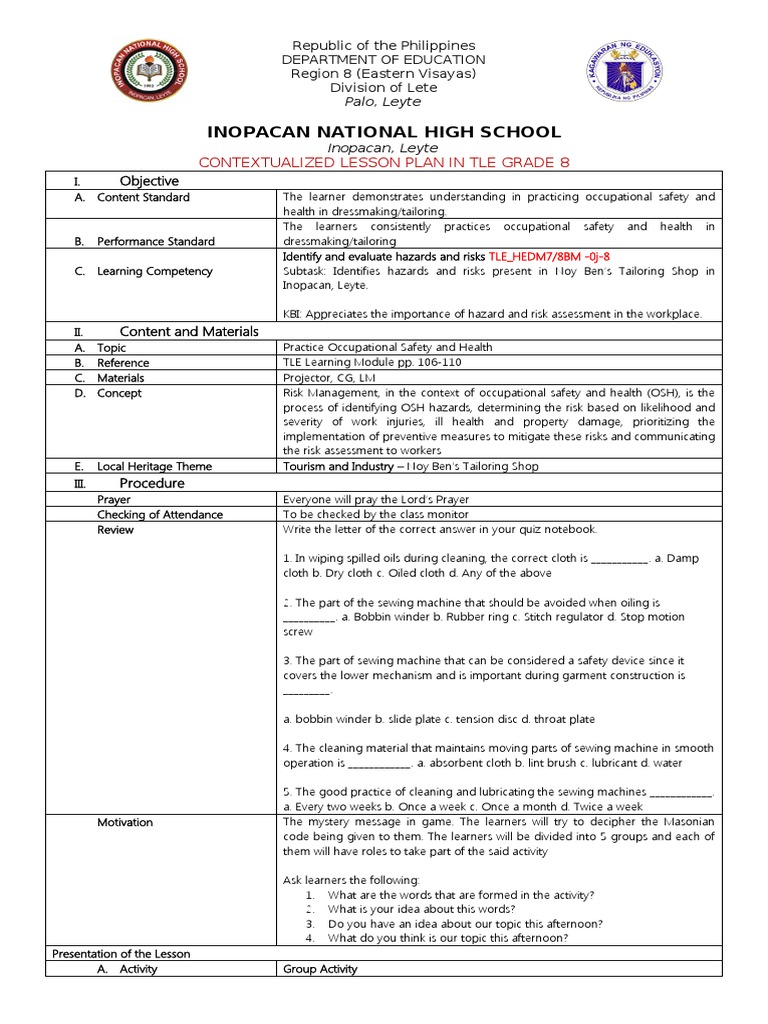 Lesson Plan in Contextualization Quarter 2 | PDF | Sewing Machine ...