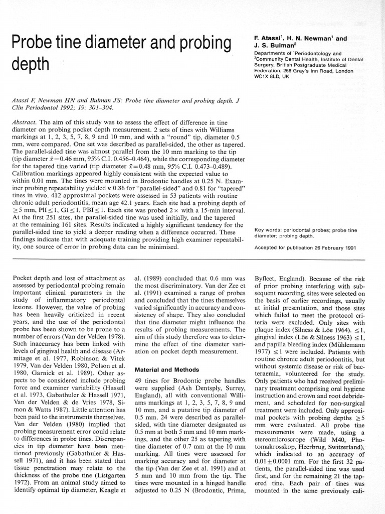 Probe Tine Diameter and Probing Depth | PDF | Periodontology | Dentistry