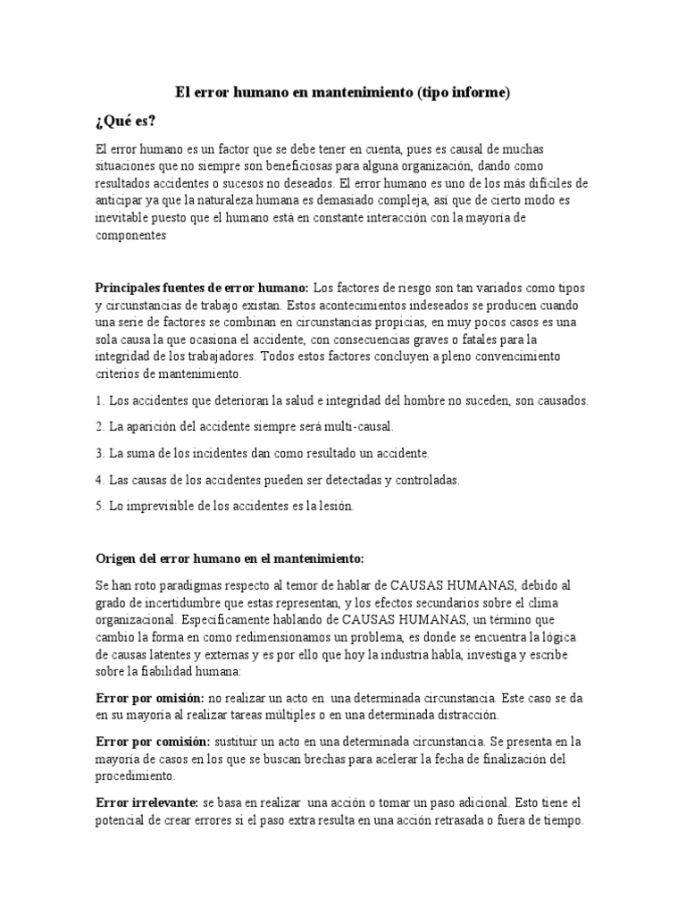 Error Humano en Mantenimiento: Causas y Consecuencias | PDF ...