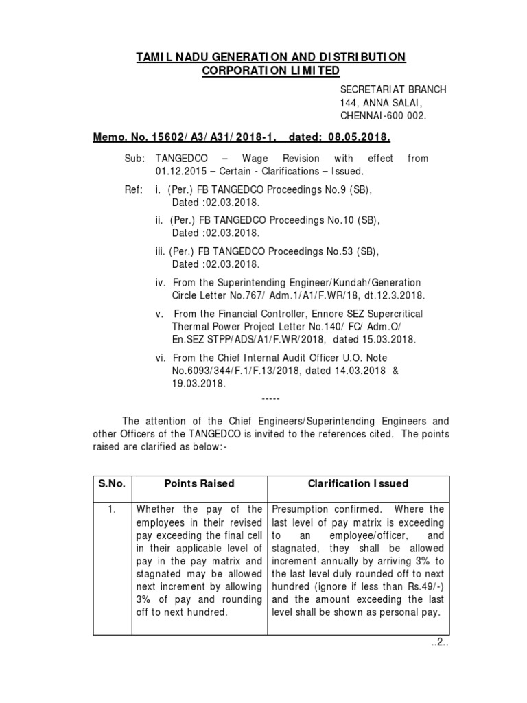 TANGEDCO Wage Revision Clarifications | PDF | Tamil Nadu | Government