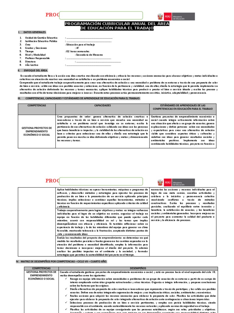 Programación Curricular 4º Grado 2020 | PDF | Iniciativa empresarial ...