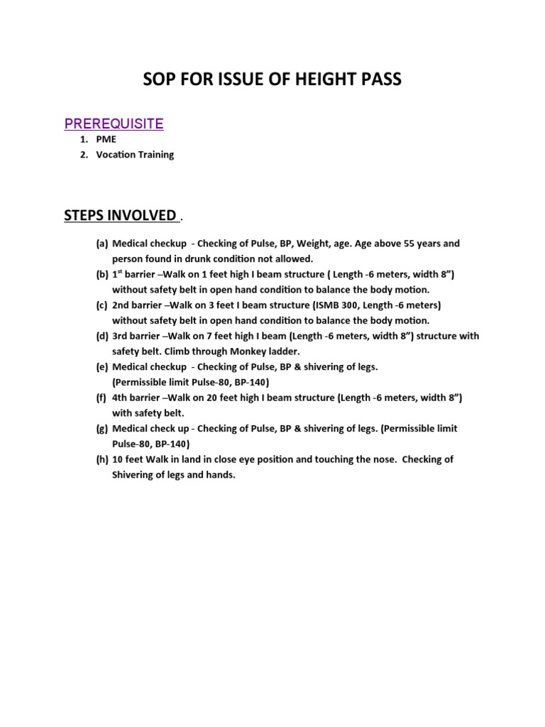 Sop For Issue of Height Pass: Steps Involved | PDF