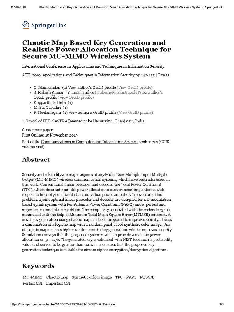 Chaotic Map Based Key Generation And Realistic Power Allocation Technique For Secure Mu Mimo
