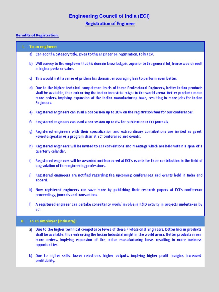 Engineering Council of India (ECI) Registration of Engineer: I. To An ...