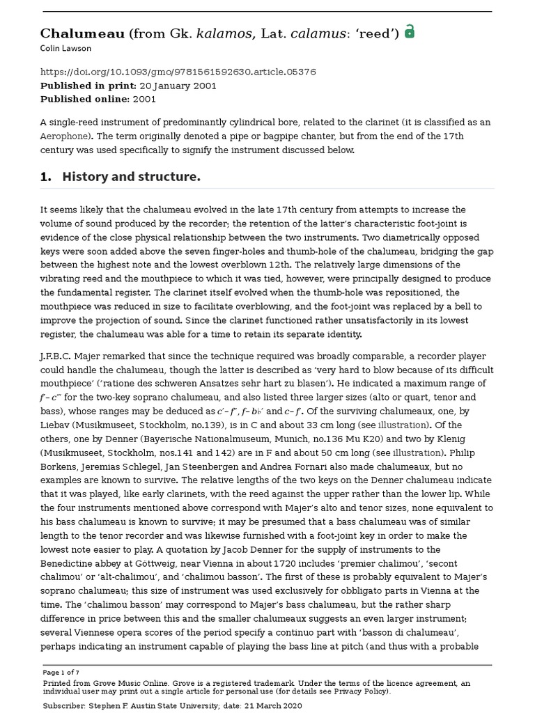 History and Structure.: Chalumeau (From Gk. Kalamos, Lat. Calamus: Reed ...