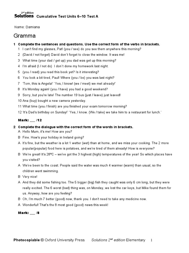 Gramma: Cumulative Test Units 6-10 Test A | PDF | Charles Darwin | Nature