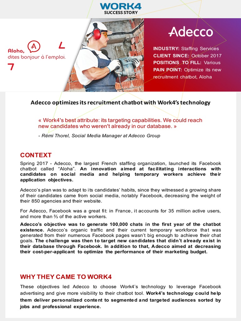 Adecco Optimizes Its Recruitment Chatbot With Work4's Technology | PDF | Facebook | Recruitment