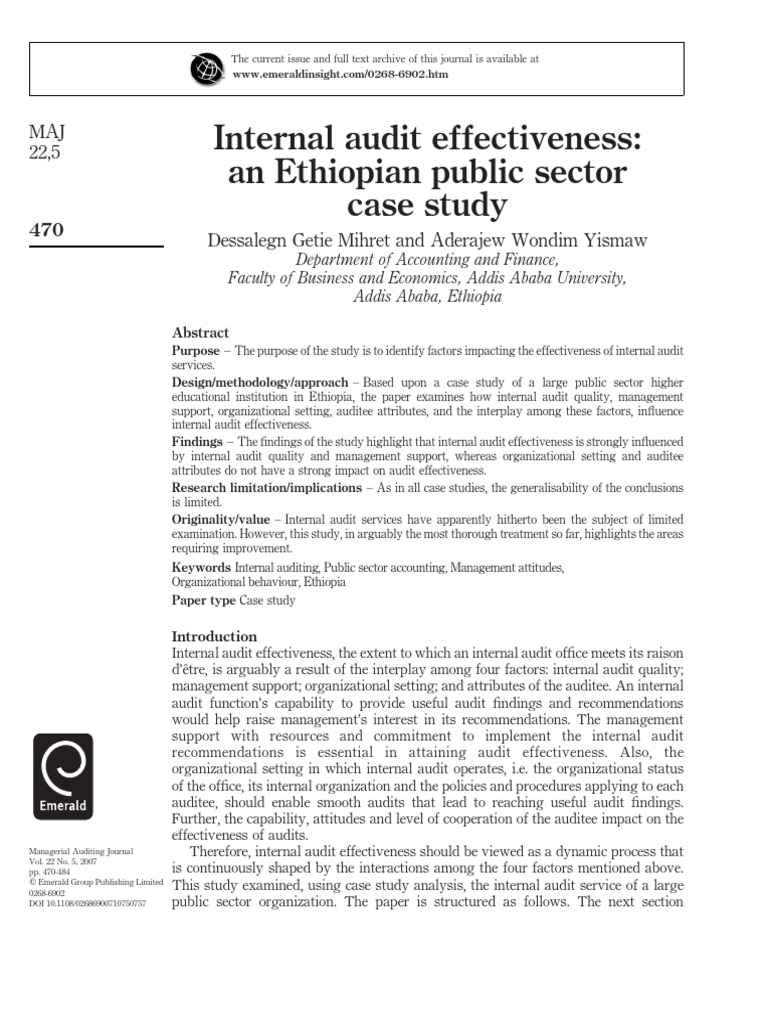 Internal Audit Effectiveness: An Ethiopian Public Sector Case Study ...