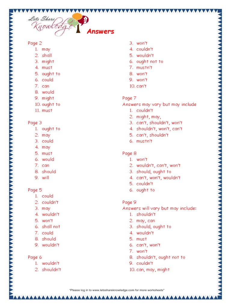 Grade 3 Grammar Worksheets Modals Auxiliary Words Answers | PDF