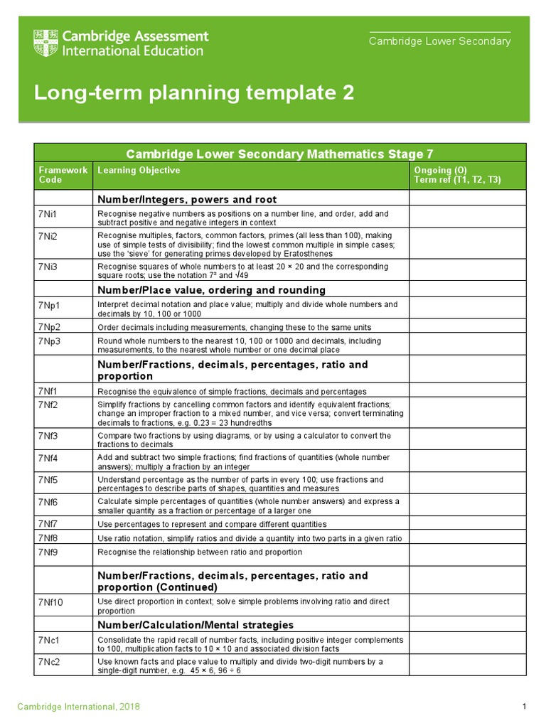Long-Term Planning Template 2: Cambridge Lower Secondary Mathematics ...