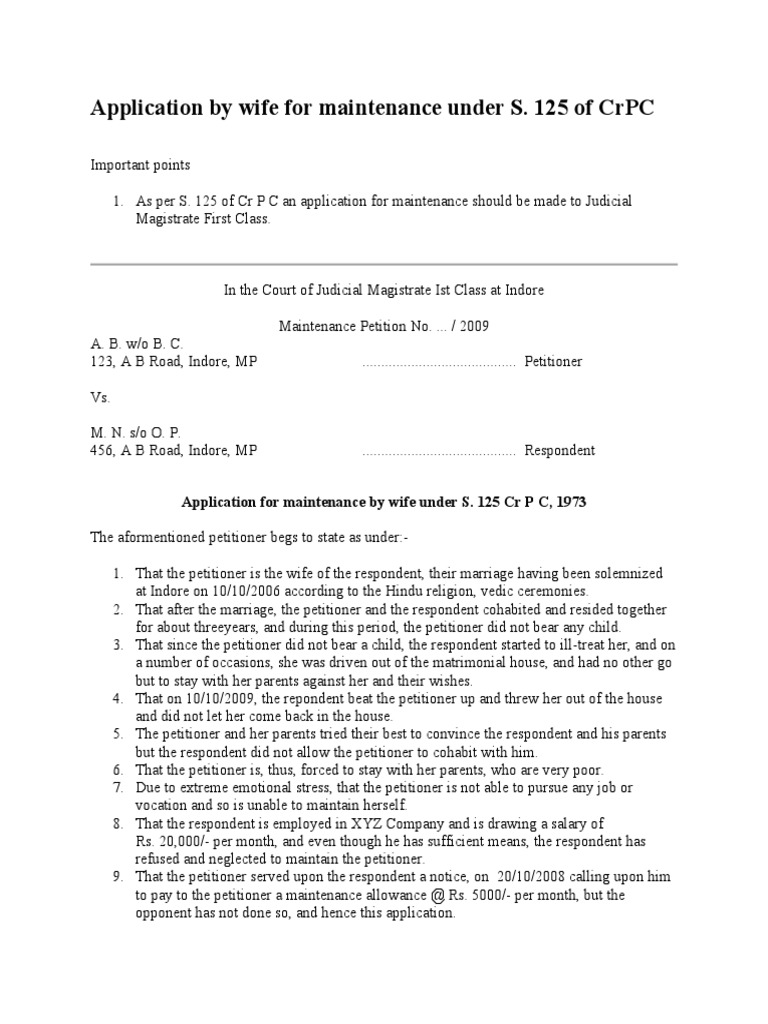 Application For Maintenance by Wife Under S. 125 CR P C, 1973 | PDF ...