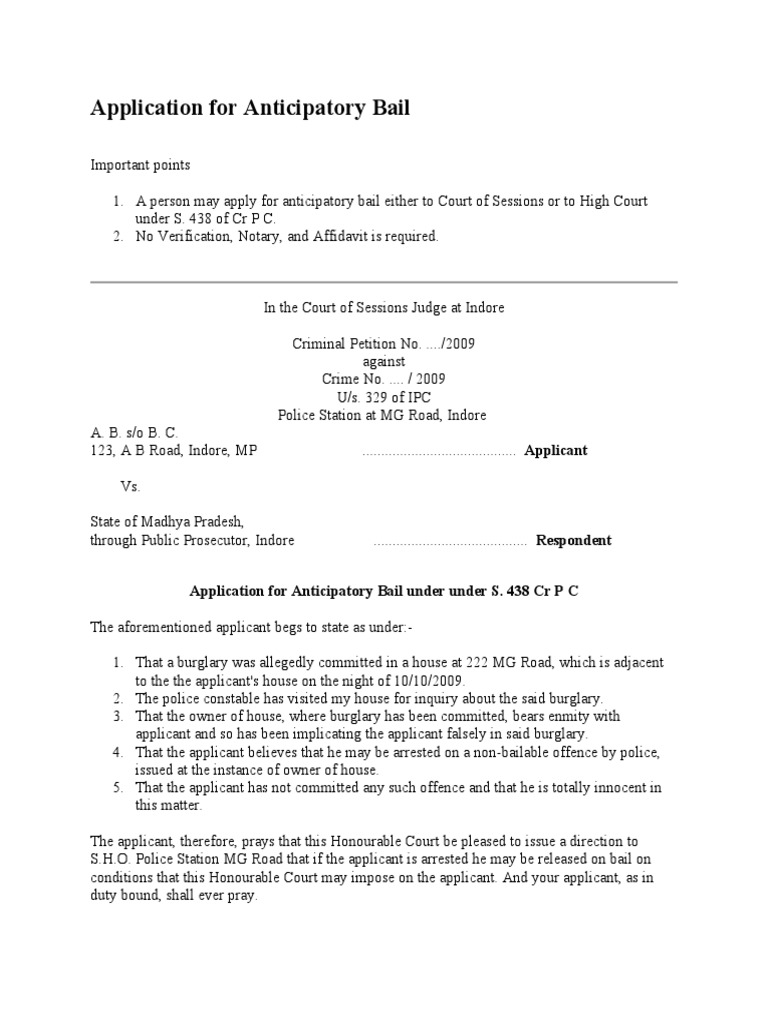 Application For Anticipatory Bail Under Under S. 438 CR P C | PDF | Bail | Criminal Law