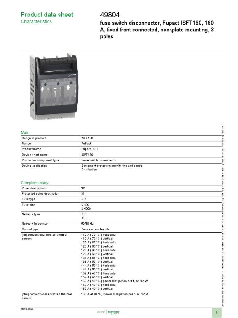 Product Data Sheet: Fuse Switch Disconnector, Fupact ISFT160, 160 A ...